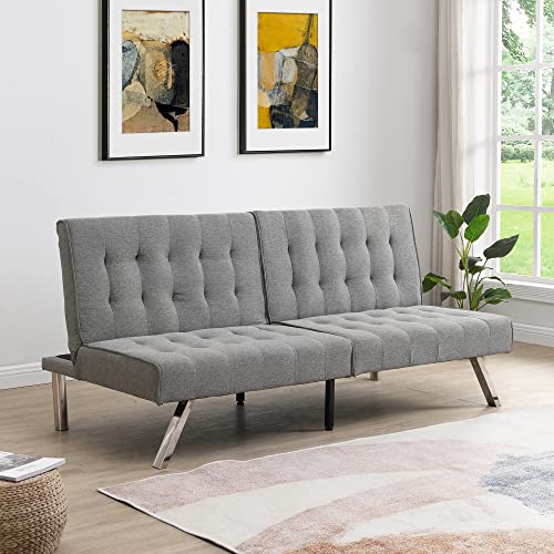 Convertible Sofa Bed, Futon Sofa Bed with Stainless Leg, Convertible Sleeper Sofa for Compact Living Space, Apartment, Dorm, Studio, Office, Gray