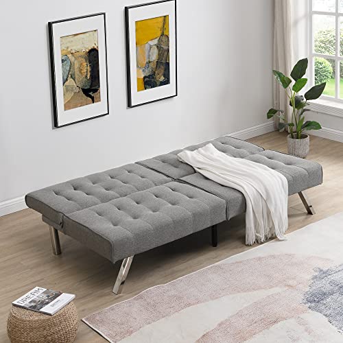 Convertible Sofa Bed, Futon Sofa Bed with Stainless Leg, Convertible Sleeper Sofa for Compact Living Space, Apartment, Dorm, Studio, Office, Gray