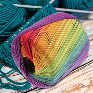 TEHAUX Rainbow Soft Yarn, 1 Roll 133m Cotton Thread Balls Yarn Multi Colored Knitting Yarn for Crocheting Knit Hand Embroidery