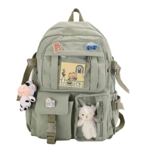 romlvy kawaii backpack with cute accessories aesthetic multi pockets large capacity outdoor backpack daypack laptop backpack (green)