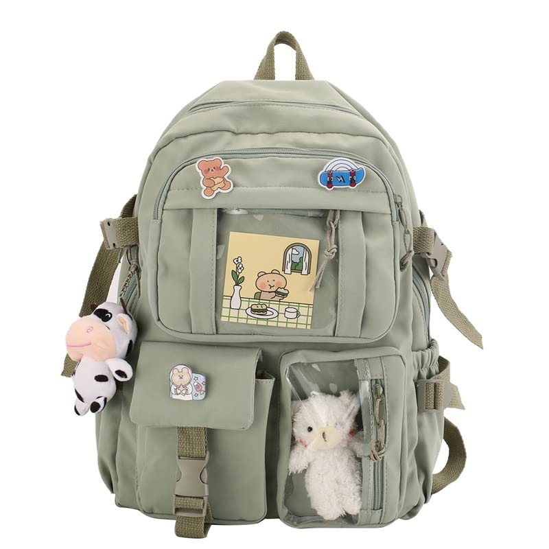 Romlvy Kawaii Backpack with Cute Accessories Aesthetic Multi Pockets Large Capacity Outdoor Backpack Daypack Laptop Backpack (Green)