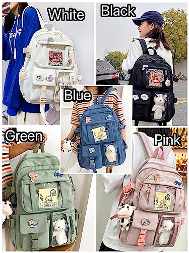 Romlvy Kawaii Backpack with Cute Accessories Aesthetic Multi Pockets Large Capacity Outdoor Backpack Daypack Laptop Backpack (Green)