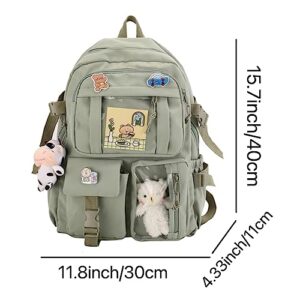 Romlvy Kawaii Backpack with Cute Accessories Aesthetic Multi Pockets Large Capacity Outdoor Backpack Daypack Laptop Backpack (Green)