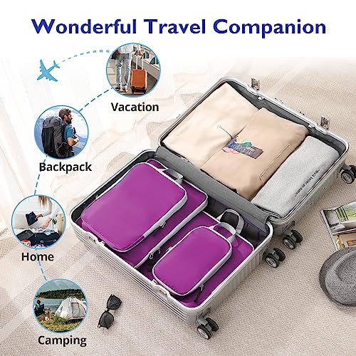 VINOWO Compression Packing Cubes for Suitcases, 6 Set Packing Cubes for Carry on Suitcase, Expandable Luggage Organizer Bags for Travel, Suitcase Organizer Bags Set as Travel Accessories for Women / Men (Purple)