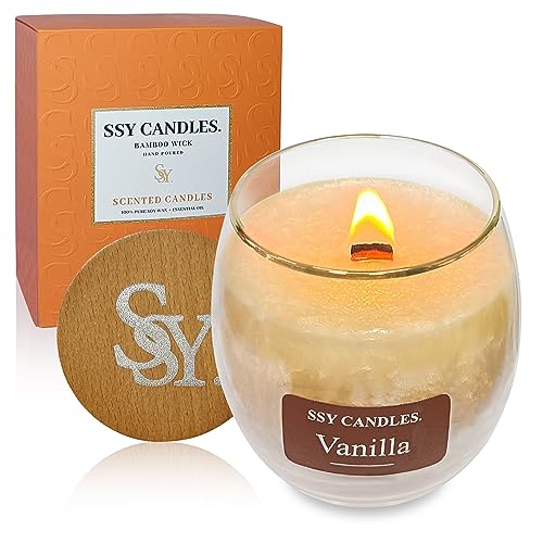 Creamy Vanilla Scented Candle Aromatherapy Glass Jar Candle with Crystals Inside, Fragrance Natural Soy Wax Wooden Wick Candle, 60 Hours Long Burning, Home Decor Gift for Men and Women