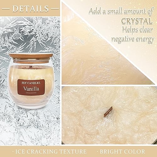 Creamy Vanilla Scented Candle Aromatherapy Glass Jar Candle with Crystals Inside, Fragrance Natural Soy Wax Wooden Wick Candle, 60 Hours Long Burning, Home Decor Gift for Men and Women