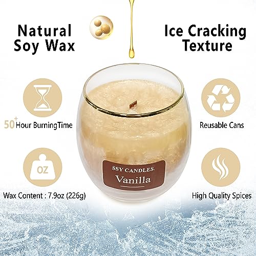 Creamy Vanilla Scented Candle Aromatherapy Glass Jar Candle with Crystals Inside, Fragrance Natural Soy Wax Wooden Wick Candle, 60 Hours Long Burning, Home Decor Gift for Men and Women