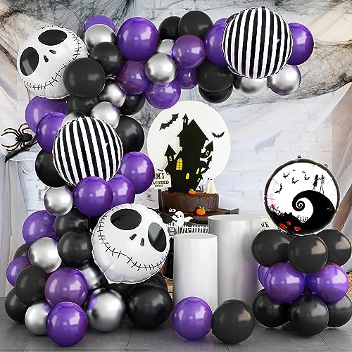 Nightmare Balloons Decorations Before Christmas Skull Halloween Party Decorations Balloon Garland Kit - Purple Black Balloon Arch with Skull Balloons for Halloween Birthday Baby Shower, Day of the Dead Decorations