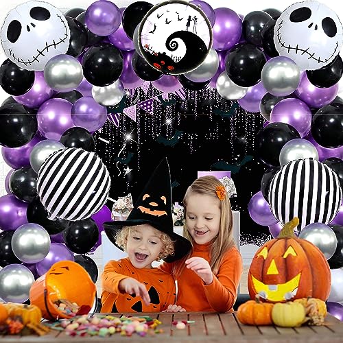 Nightmare Balloons Decorations Before Christmas Skull Halloween Party Decorations Balloon Garland Kit - Purple Black Balloon Arch with Skull Balloons for Halloween Birthday Baby Shower, Day of the Dead Decorations