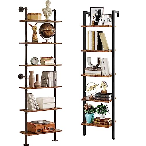 YMYNY Industrial 5+ 6-Tier Wall Mounted Bookcase with Metal Frame，HRF-TM018+HBC015H