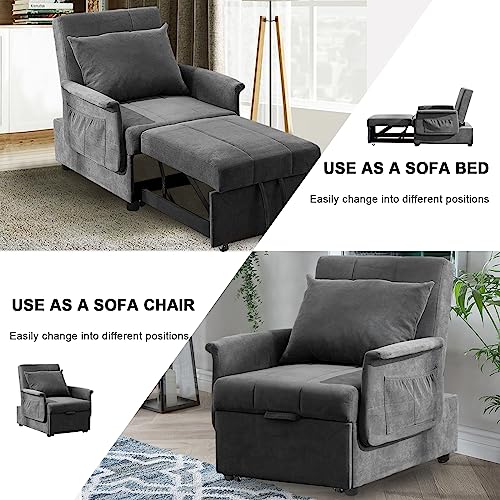 Oprisen Sleeper Chair Bed 3-in-1 Convertible Chair Bed Pull Out Sofa Bed w/Adjustable Backrest Tufted Fabric Chaise Lounge Sofa Bed Couch for Small Space w/Side Pockets (Fabric-Gray)