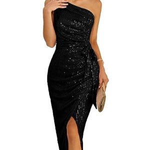 GRACE KARIN Wedding Guest Dresses for Women Sparkly Glitter Wrap Dress Cocktail Party Wedding Maxi Dresses with Slit Black L