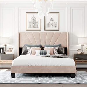 lifeand queen size velvet upholstered platform bed, box spring needed - beige