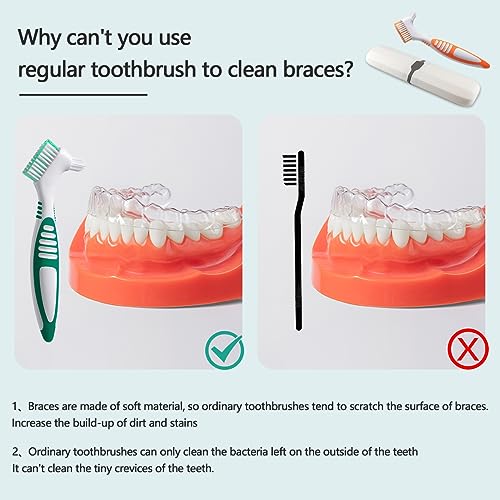 Denture Toothbrush Set, Portable Dual Head Denture Brush with Cover Case, Denture Cleaning Tool Set for Travel, Home and Camping, Dental Cleaning Brush Set for Denture Care False Teeth Cleaner Tool