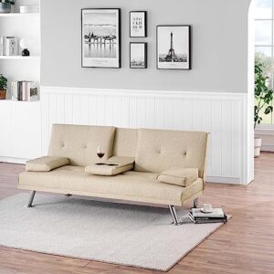 DUNTRKDU 67" Red Sofa Chair Convertible Double Folding Sofa Bed, Multifunctional Double Sofa Bed with Coffee Table/Removable Armrests/Sturdy Metal Leg for Living Room Office Leisure (Beige)