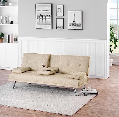 DUNTRKDU 67" Red Sofa Chair Convertible Double Folding Sofa Bed, Multifunctional Double Sofa Bed with Coffee Table/Removable Armrests/Sturdy Metal Leg for Living Room Office Leisure (Beige)