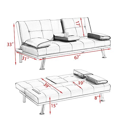 DUNTRKDU 67" Red Sofa Chair Convertible Double Folding Sofa Bed, Multifunctional Double Sofa Bed with Coffee Table/Removable Armrests/Sturdy Metal Leg for Living Room Office Leisure (Beige)