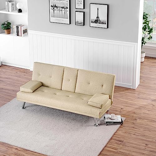 DUNTRKDU 67" Red Sofa Chair Convertible Double Folding Sofa Bed, Multifunctional Double Sofa Bed with Coffee Table/Removable Armrests/Sturdy Metal Leg for Living Room Office Leisure (Beige)