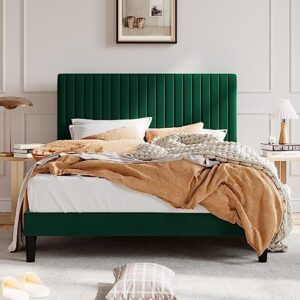 sha cerlin queen upholstered platform bed frame with vertical channel tufted velvet fabric adjustable headboard, wooden slats support, mattress foundation, box spring optional, green