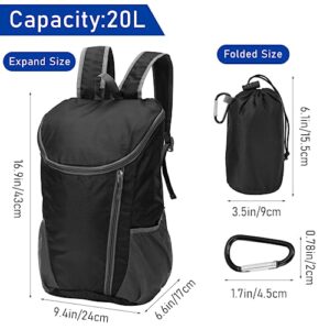 KALIONE Hiking Backpack, Black Backpack with Water Bottle Pocket, Waterproof Packable Backpack for Travel, Lightweight Hiking Backpack for Women Men, 20l Foldable Backpack for Outdoor Sports