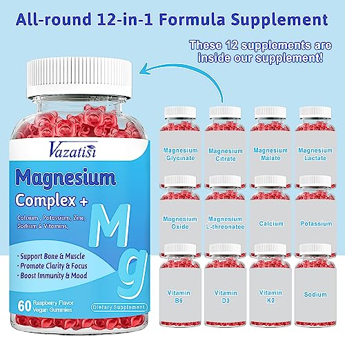 Magnesium Gummies for Women Men & Kids, Sugar Free Magnesium Citrate Gummies with Glycinate Malate L-threaten Potassium Calcium Vitamin B6 D3 Supplement for Relax Sleep Muscle & Joint - 2 Pack, 120cts