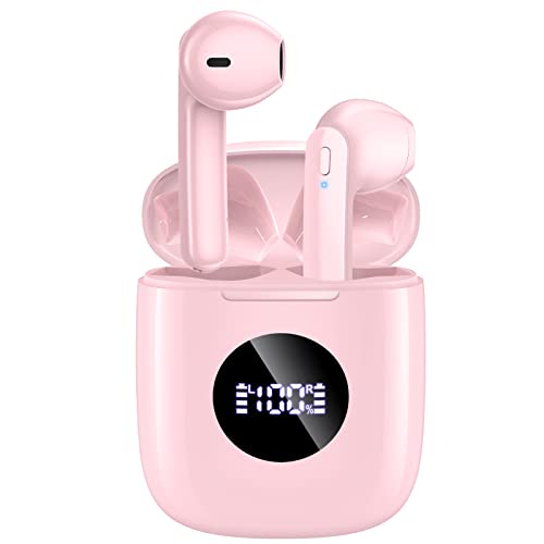 CAPOXO Wireless Earbuds V5.3 Bluetooth Headphones 50Hrs Battery Life with Wireless Charging Case & LED Power Display Deep Bass IPX7 Waterproof Earphones Microphone Stereo Headset for TV Phone, Pink