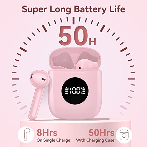 CAPOXO Wireless Earbuds V5.3 Bluetooth Headphones 50Hrs Battery Life with Wireless Charging Case & LED Power Display Deep Bass IPX7 Waterproof Earphones Microphone Stereo Headset for TV Phone, Pink