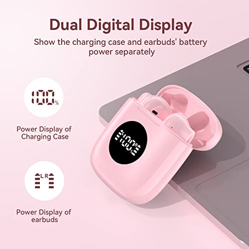 CAPOXO Wireless Earbuds V5.3 Bluetooth Headphones 50Hrs Battery Life with Wireless Charging Case & LED Power Display Deep Bass IPX7 Waterproof Earphones Microphone Stereo Headset for TV Phone, Pink