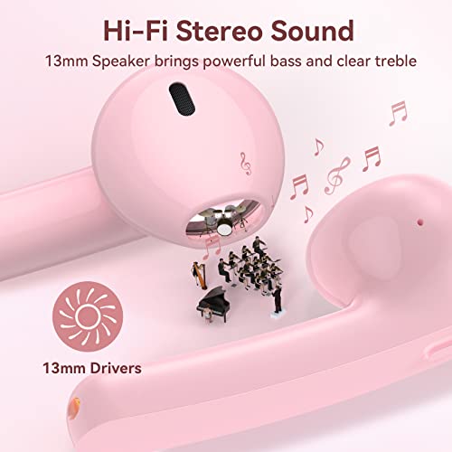 CAPOXO Wireless Earbuds V5.3 Bluetooth Headphones 50Hrs Battery Life with Wireless Charging Case & LED Power Display Deep Bass IPX7 Waterproof Earphones Microphone Stereo Headset for TV Phone, Pink