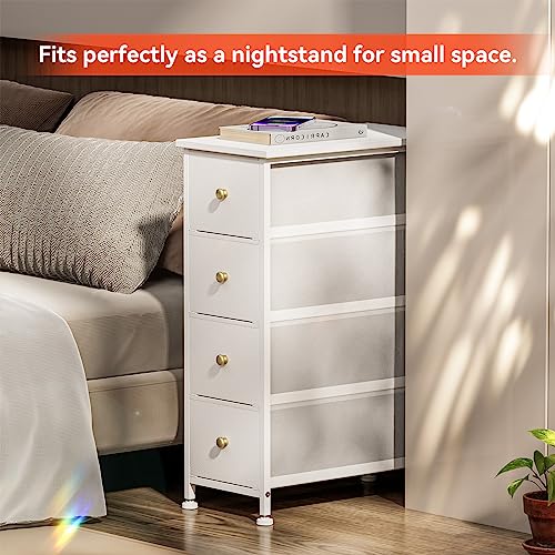 YILQQPER Narrow Dresser Storage Tower with 4 Drawers, Slim Dresser Chest of Drawers with Steel Frame, Wood Top, Golden Knobs, White Dresser for Bedroom, Bathroom, Small Spaces, Laundry, Closet, White