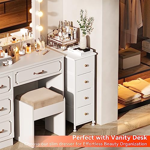 YILQQPER Narrow Dresser Storage Tower with 4 Drawers, Slim Dresser Chest of Drawers with Steel Frame, Wood Top, Golden Knobs, White Dresser for Bedroom, Bathroom, Small Spaces, Laundry, Closet, White