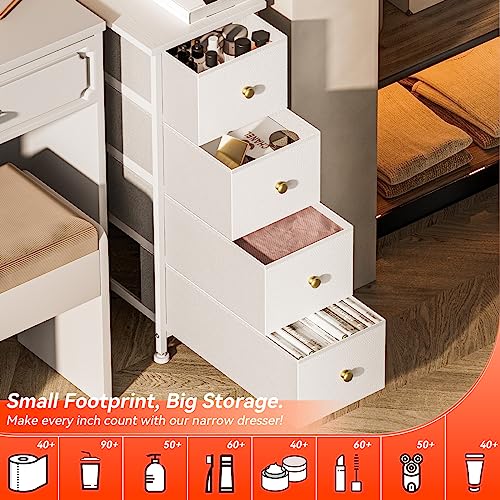 YILQQPER Narrow Dresser Storage Tower with 4 Drawers, Slim Dresser Chest of Drawers with Steel Frame, Wood Top, Golden Knobs, White Dresser for Bedroom, Bathroom, Small Spaces, Laundry, Closet, White