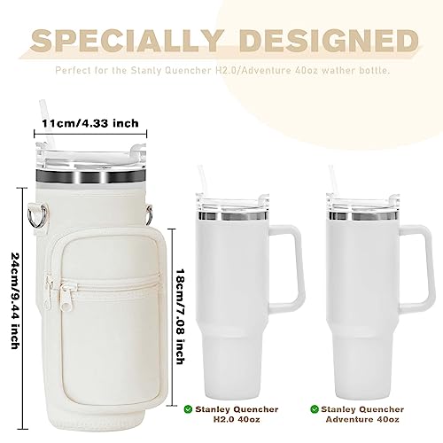 NECARSIN Water Bottle Holder Bag for Stanley Quencher Tumbler 40 oz,Water Bottle Carrier with Adjustable Shoulder Strap,Stanley Cup Accessories for Walking Travelling Camping(Cream)