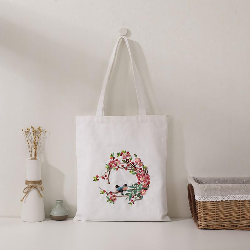 Stamped Embroidery Tote Bag Kits with Birds and Pink Flowers Pattern Hoops Threads Needlework Art Reusable Shopping Storage Canvas Handbag Cross Stitch Kits for Woman Home Organizer