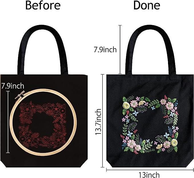 Stamped Embroidery Tote Bag Kits with Birds and Pink Flowers Pattern Hoops Threads Needlework Art Reusable Shopping Storage Canvas Handbag Cross Stitch Kits for Woman Home Organizer