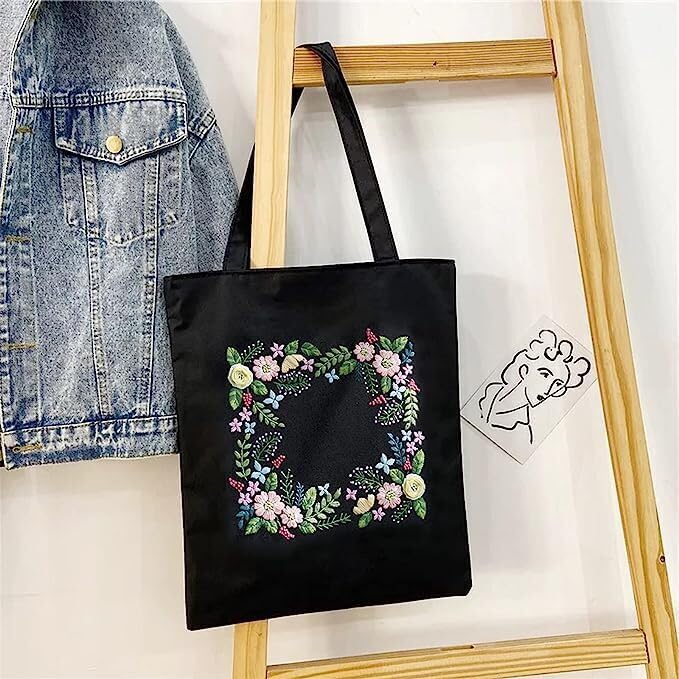 Stamped Embroidery Tote Bag Kits with Birds and Pink Flowers Pattern Hoops Threads Needlework Art Reusable Shopping Storage Canvas Handbag Cross Stitch Kits for Woman Home Organizer