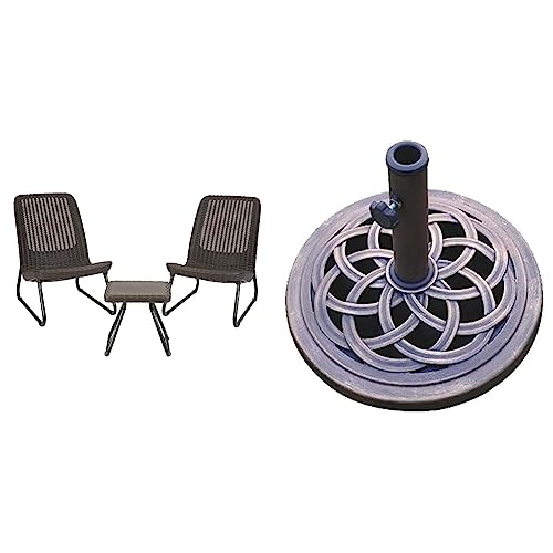 Keter Rio 3 Piece Resin Wicker Patio Furniture Set with Side Table and Outdoor Chairs, Brown & DC America UBP18181-BR 18-Inch Cast Stone Umbrella Base, Bronze Powder Coated Finish