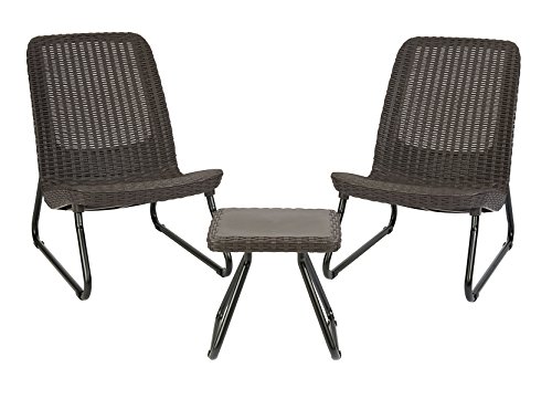 Keter Rio 3 Piece Resin Wicker Patio Furniture Set with Side Table and Outdoor Chairs, Brown & DC America UBP18181-BR 18-Inch Cast Stone Umbrella Base, Bronze Powder Coated Finish