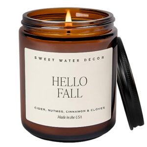 sweet water decor hello fall soy candle | hot cider, cinnamon, cloves, apple, and nutmeg scented candles for home | 9oz amber jar + black lid, 40+ hour burn time, made in the usa