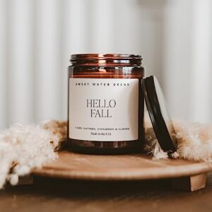 Sweet Water Decor Hello Fall Soy Candle | Hot Cider, Cinnamon, Cloves, Apple, and Nutmeg Scented Candles for Home | 9oz Amber Jar + Black Lid, 40+ Hour Burn Time, Made in the USA