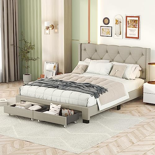 Prohon Queen Platform Bed with Button Tufted Headboard & Two Drawers, Upholstered Queen Bed Frame for Kids, Teen & Adults, Wooden Slats Support, No Box Spring Needed, Beige