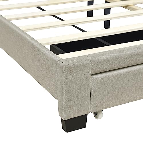 Prohon Queen Platform Bed with Button Tufted Headboard & Two Drawers, Upholstered Queen Bed Frame for Kids, Teen & Adults, Wooden Slats Support, No Box Spring Needed, Beige