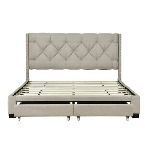 Prohon Queen Platform Bed with Button Tufted Headboard & Two Drawers, Upholstered Queen Bed Frame for Kids, Teen & Adults, Wooden Slats Support, No Box Spring Needed, Beige