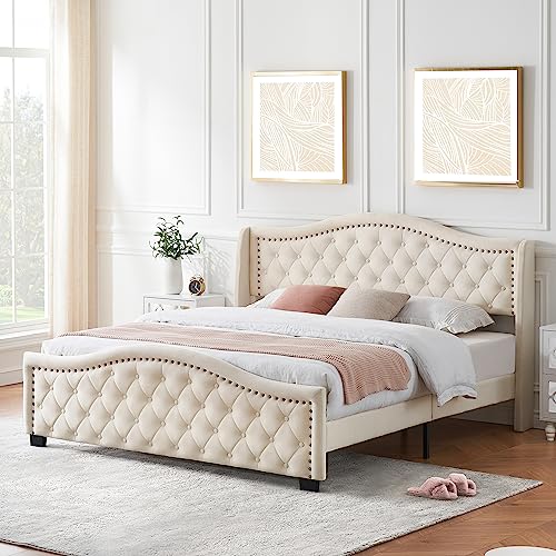 King Size Upholstered Platform Bed Frame with Tall Headboard 47.2" , King Bed with Velvet Button Tufted & Nailhead Trim Wingback Headboard, Luxurious Arched Footboard, No Box Spring Needed, Beige