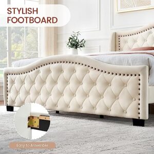 King Size Upholstered Platform Bed Frame with Tall Headboard 47.2" , King Bed with Velvet Button Tufted & Nailhead Trim Wingback Headboard, Luxurious Arched Footboard, No Box Spring Needed, Beige