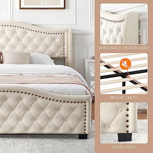 King Size Upholstered Platform Bed Frame with Tall Headboard 47.2" , King Bed with Velvet Button Tufted & Nailhead Trim Wingback Headboard, Luxurious Arched Footboard, No Box Spring Needed, Beige