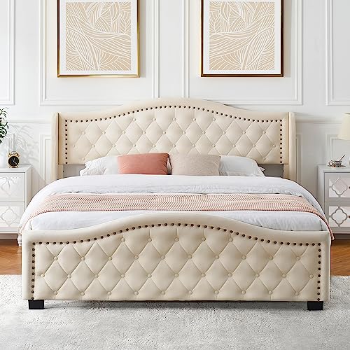 King Size Upholstered Platform Bed Frame with Tall Headboard 47.2" , King Bed with Velvet Button Tufted & Nailhead Trim Wingback Headboard, Luxurious Arched Footboard, No Box Spring Needed, Beige