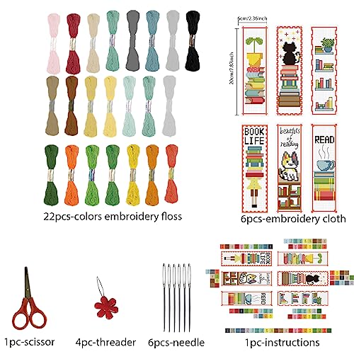 FREEBLOSS 6 Set Cross Stitching Bookmark Cute Stamped Embroidery Bookmark with Instruction Cross Stitch Kits for Adults DIY Bookmark Kit 8''x2.4''