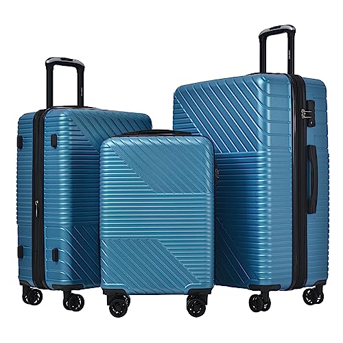 Merax Luggage Sets 3 Piece Suitcases Set ABS Expandable 8 Wheels Spinner Suitcase, TSA Lock Travel Luggage For Man And Women (Blue)