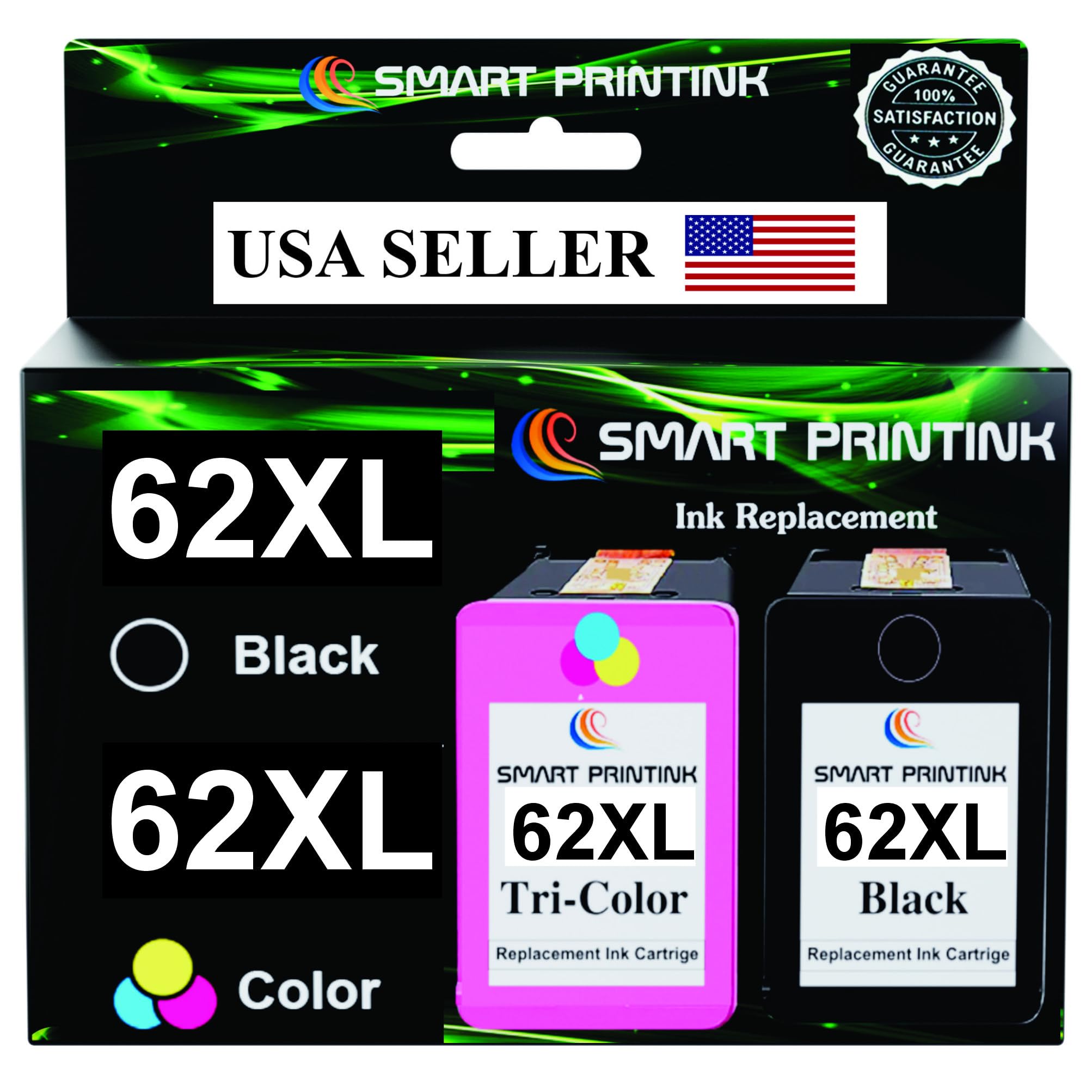 Smart Printink 62XL Ink Cartridge Replacement for HP 62 XL (Black & Tri-Color) High-Yield Ink- Compatible: with Envy 5540 5640 5660 7644 7645 OfficeJet 5740 8040 OfficeJet 200 250 Series Printer